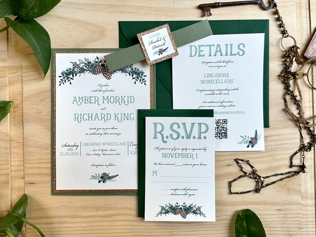 Winter Pinecone Garland Wedding Invitations in Champagne and Green - Etsy