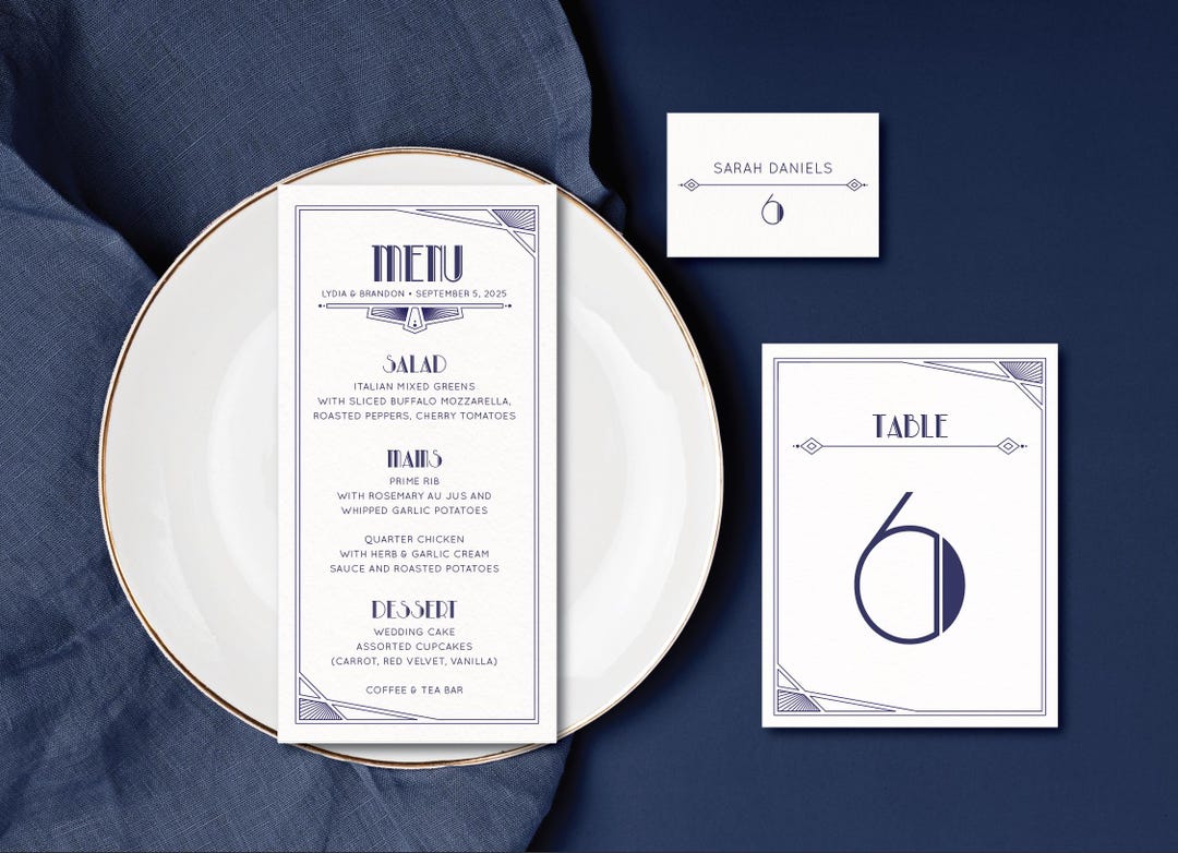 PRINTED Wedding Dinner Menu, 4x8" or 5x7" Card, Table Menu, Gatsby ...