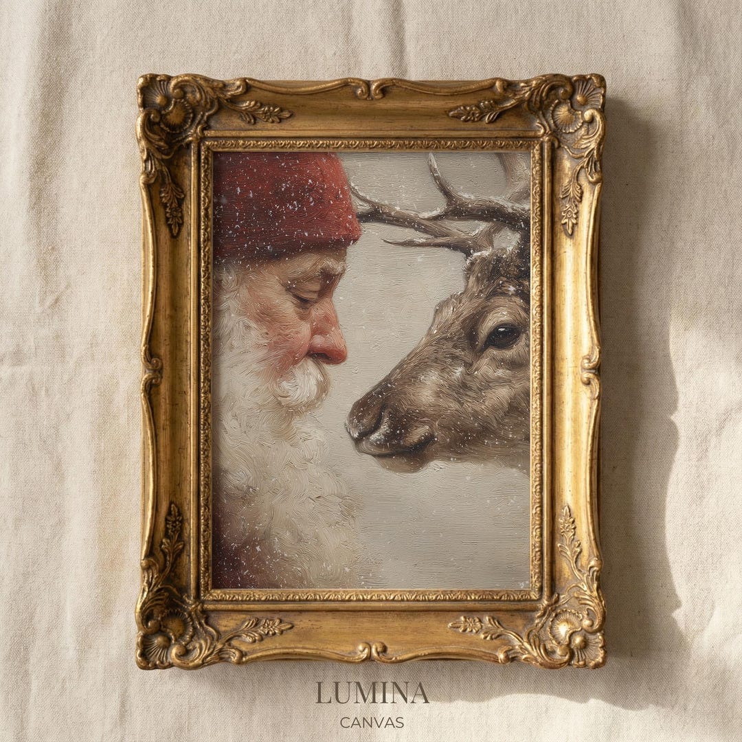 Vintage Santa and Reindeer Christmas Art Print, Rustic Holiday Decor ...