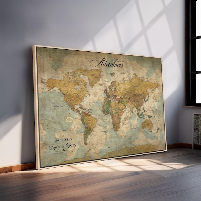 Personalized Push Pin World Map – Vintage Travel Canvas Print - Etsy
