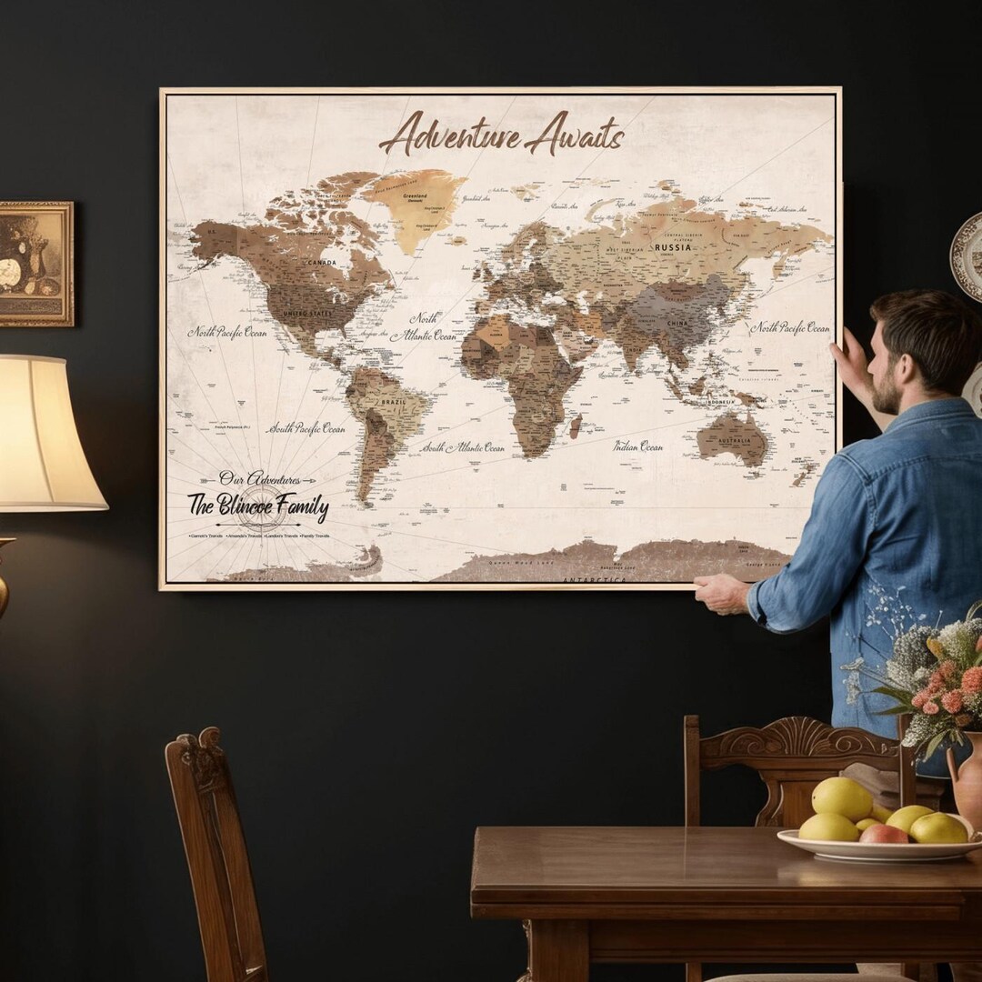 Vintage Customized Push Pin World Map Canvas Print, Personalized Travel ...