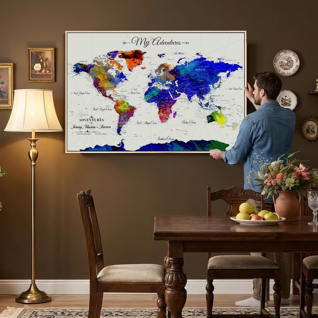 Blue Custom Push Pin World Map Canvas Print: Personalized Travel ...