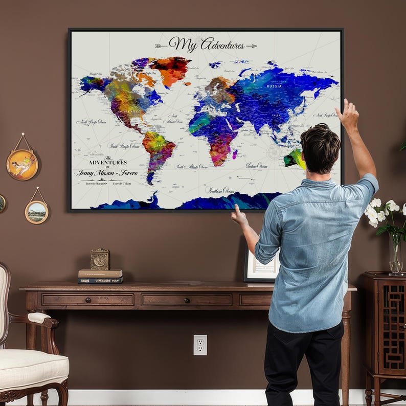 Blue Custom Push Pin World Map Canvas Print: Personalized Travel ...