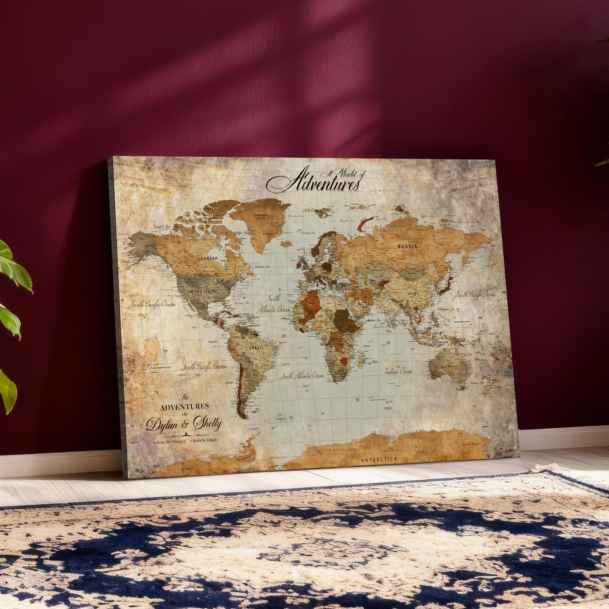Custom Push Pin World Map Canvas Print, Personalized Travel Adventure ...