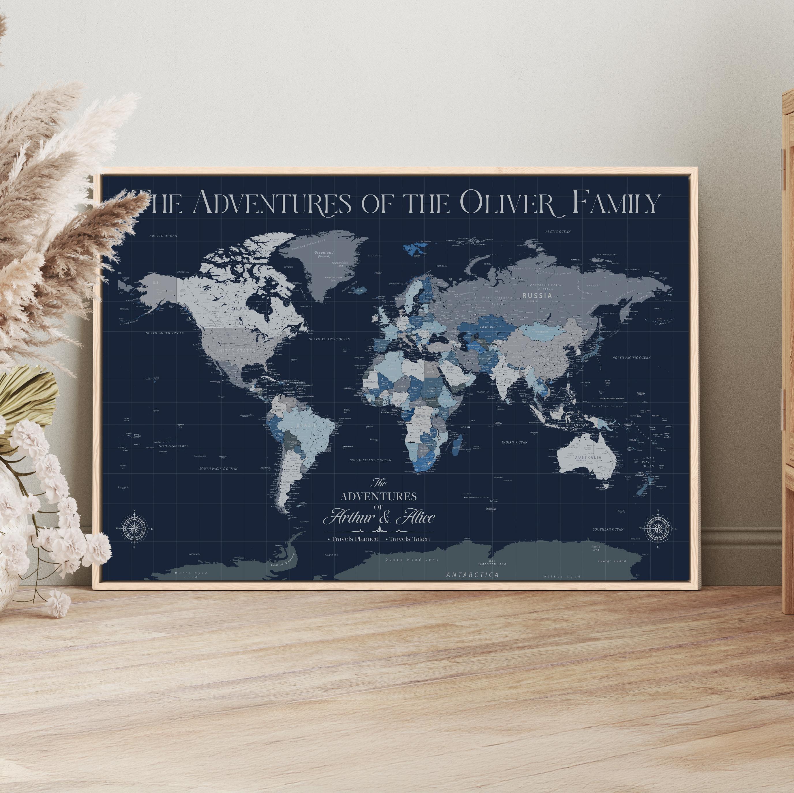 Custom Push Pin World Map Canvas, Dark Blue Personalized Travel ...