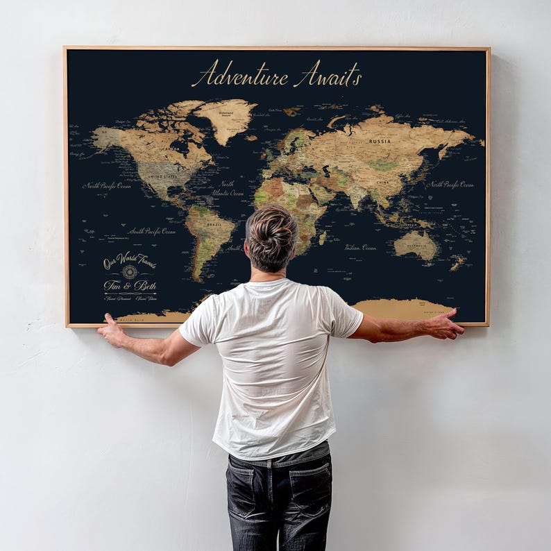 Customized World Map With Push Pins Canvas Print, Personalize Black ...