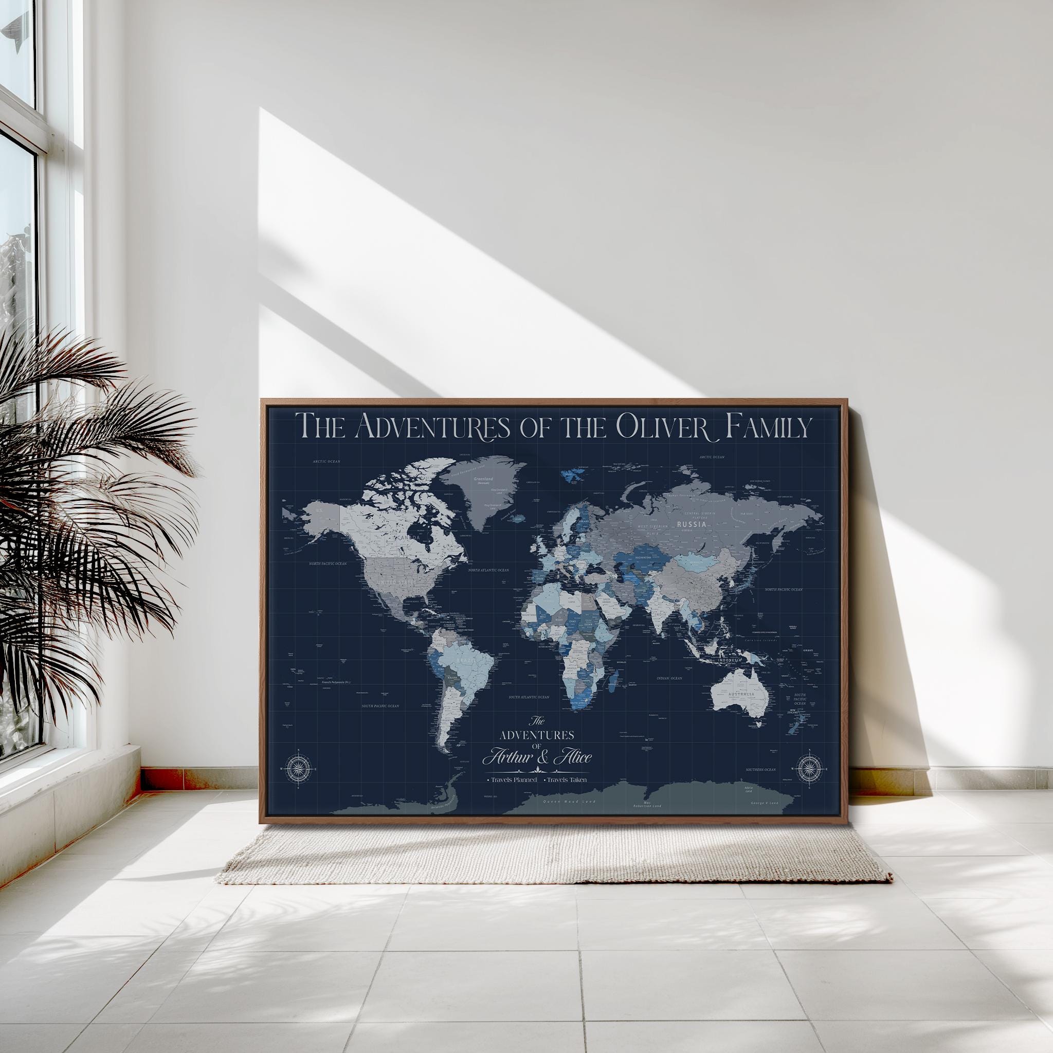 Custom Push Pin World Map Canvas, Dark Blue Personalized Travel ...