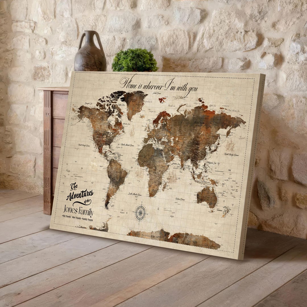 Customizable Travel Map Print | Personalized Push Pin World Canvas on ...