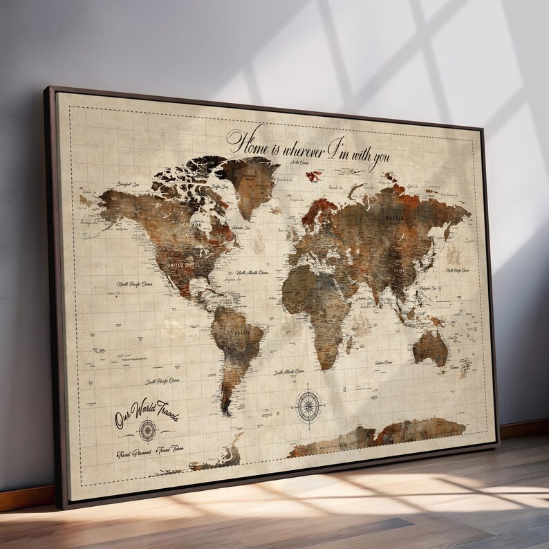 Personalized Push Pin World Map – Travel Tracker Canvas Wall Art Print ...