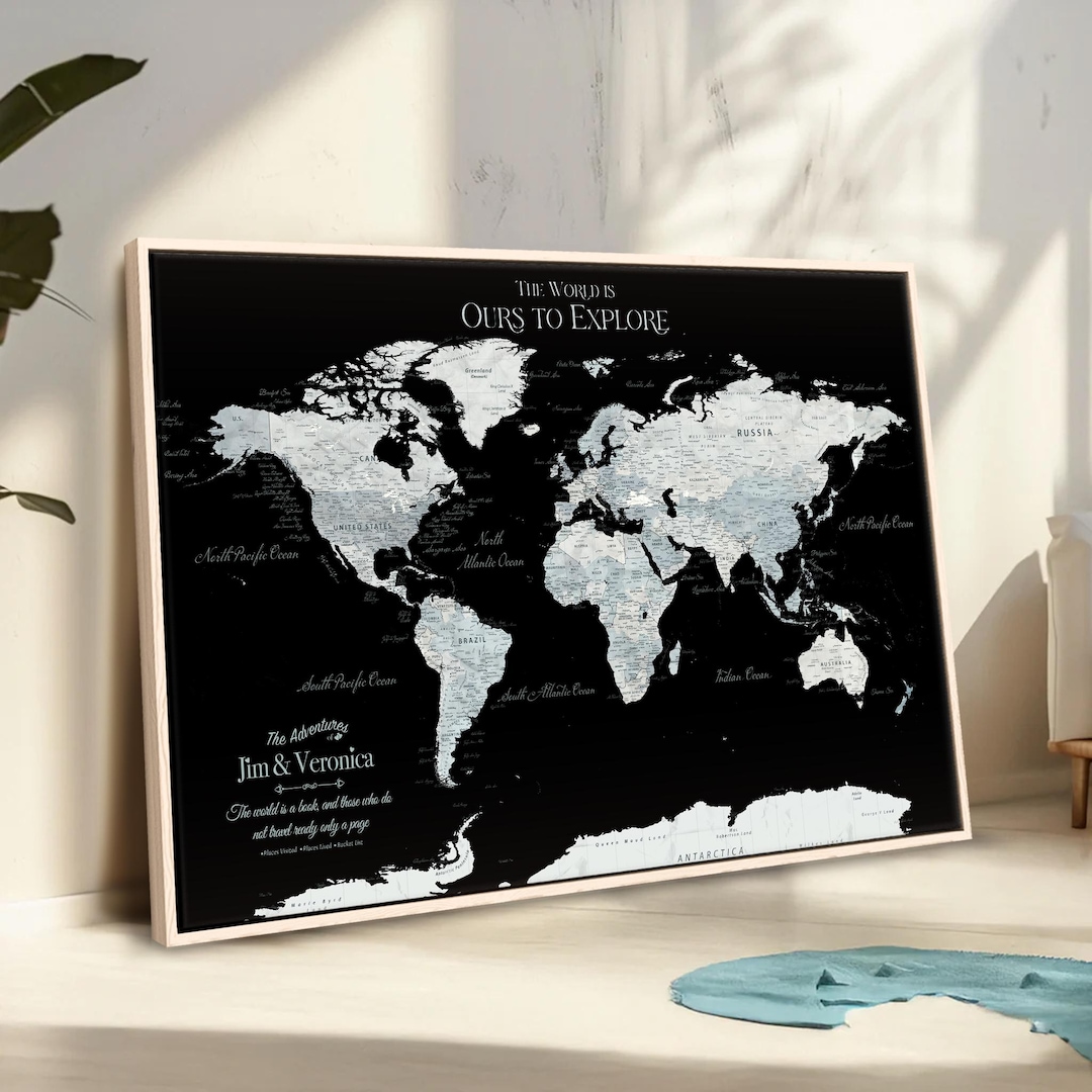 Custom Push Pin Black World Map Canvas Print,personalized Foam Pin ...