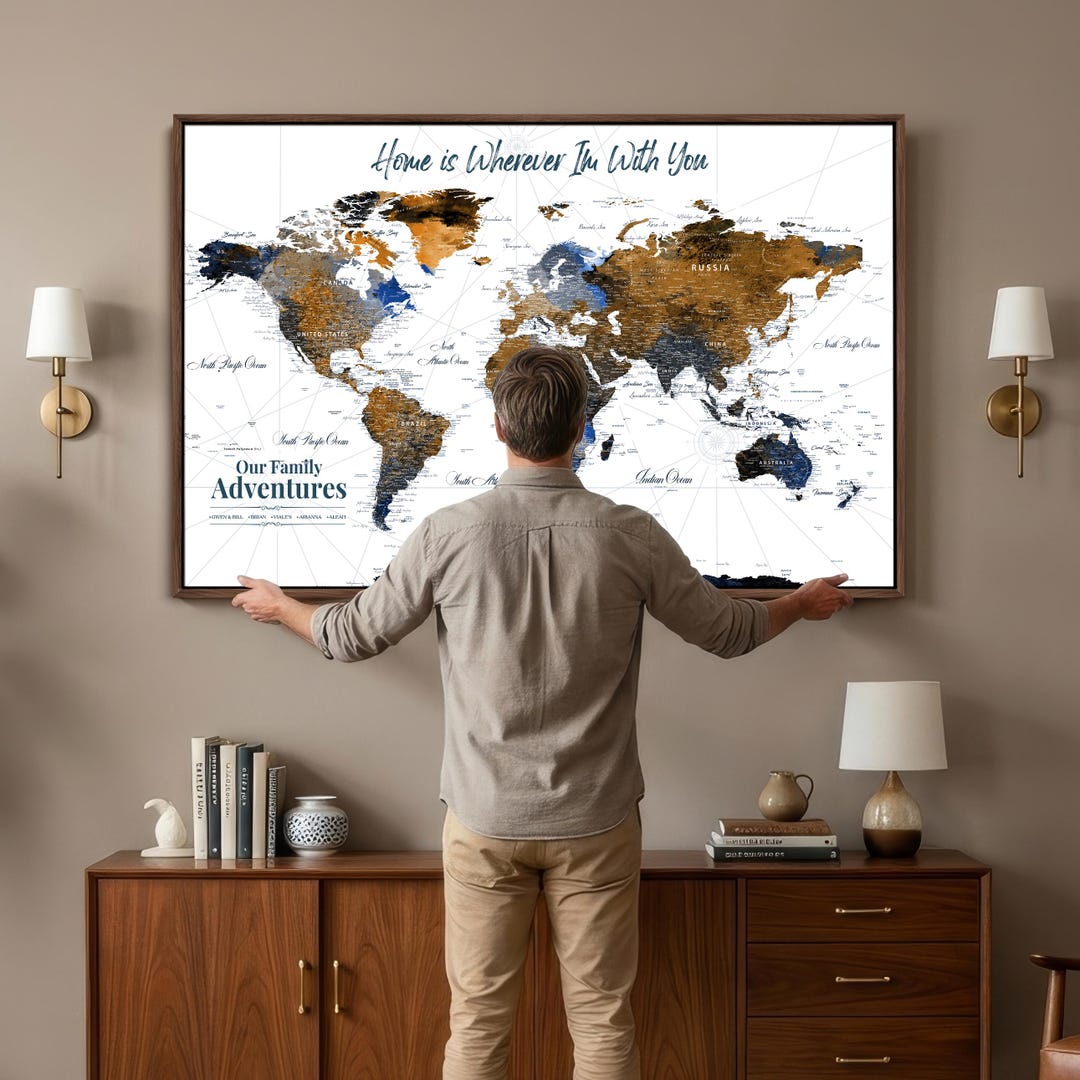 Customized Push Pin World Map Canvas Print, Vintage Blue Personalized ...