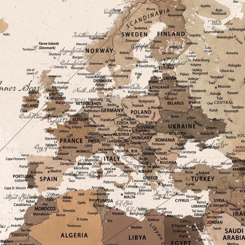 Vintage Customized Push Pin World Map Canvas Print, Personalized Travel ...