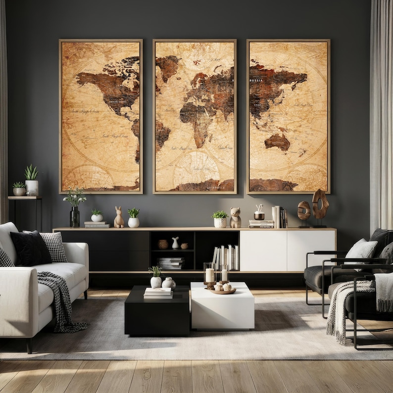 Vintage World Map Canvas Print, Large Decorative Wall Art, Customizable ...