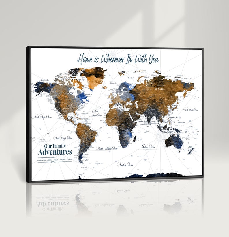 Customized Push Pin World Map Canvas Print, Vintage Blue Personalized ...