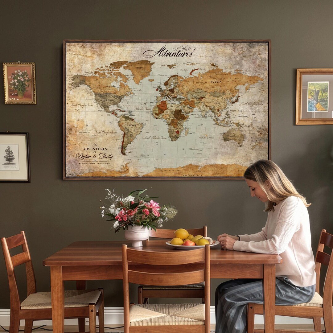 Custom Push Pin World Map Canvas Print, Personalized Travel Adventure ...
