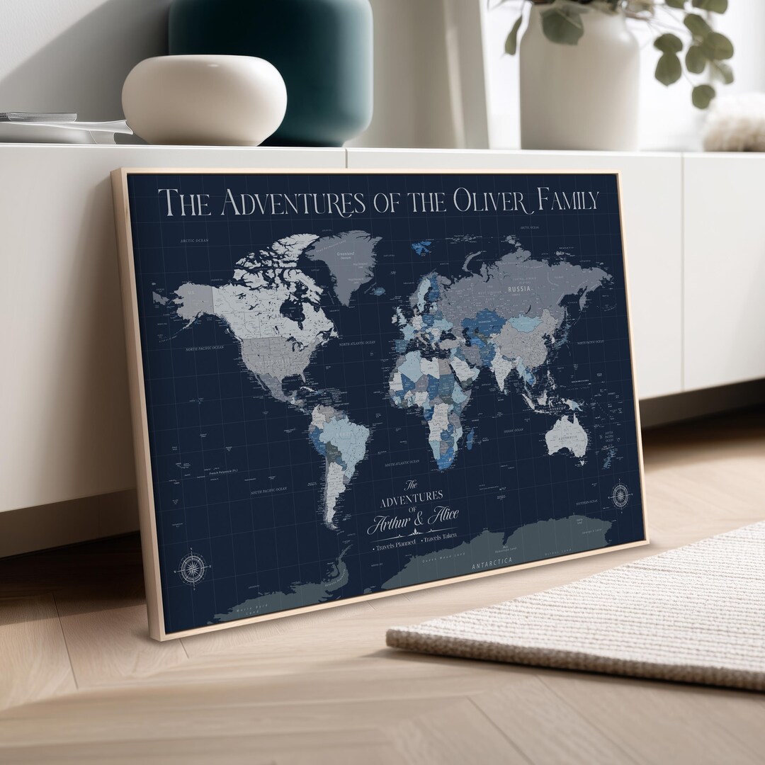 Custom Push Pin World Map Canvas, Dark Blue Personalized Travel ...