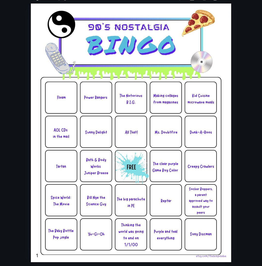 90's Nostalgia Themed Bingo, Growing up in the 90's Game Night ...