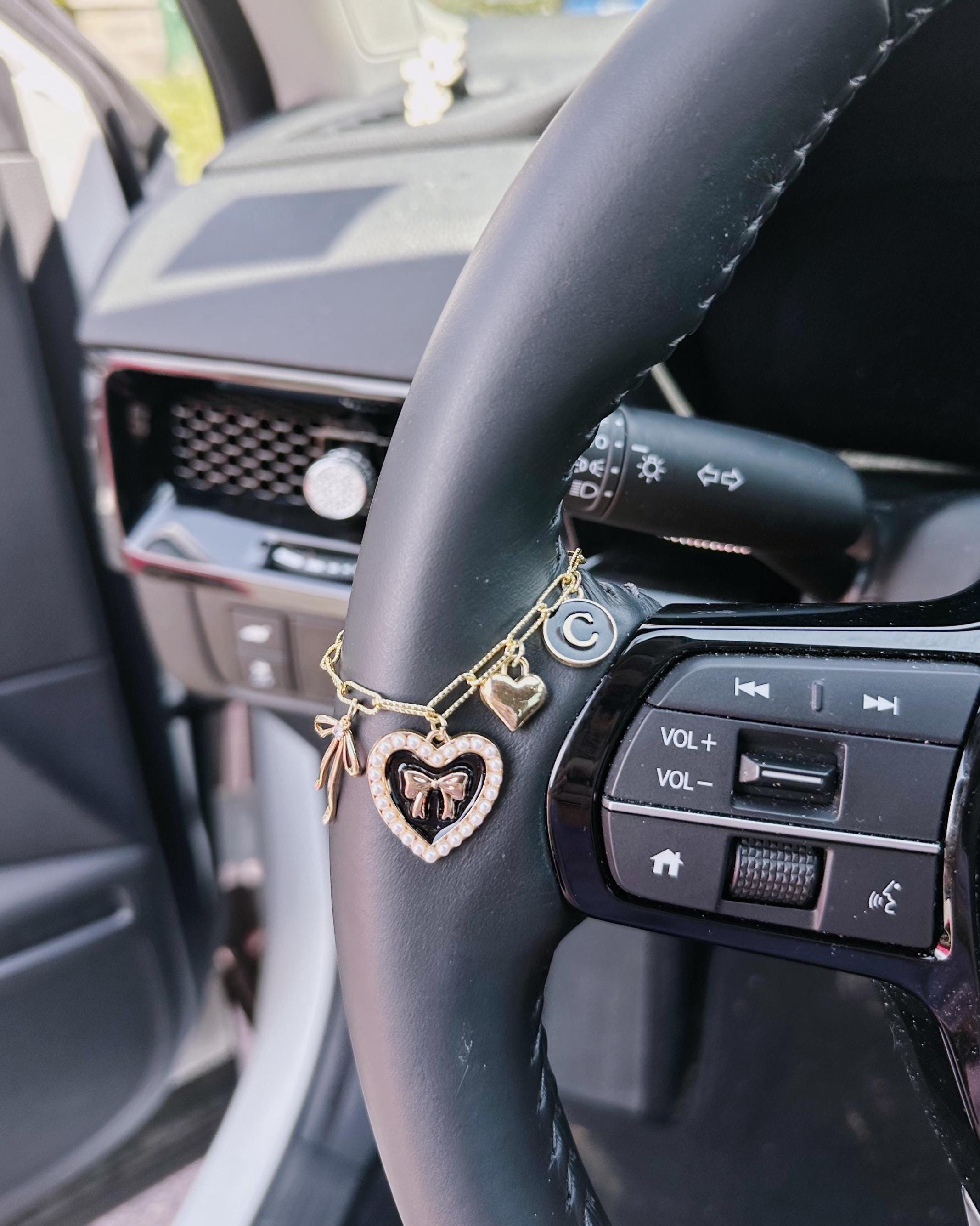 Personalized Car Gold Heart Charm | Bow, Initial, Pearl Steering Wheel ...