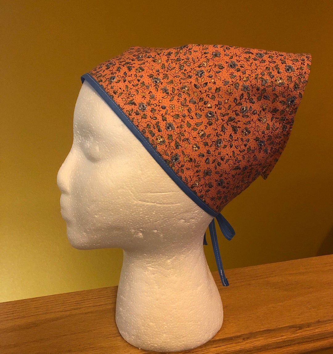 Adult Headscarf, Head Kerchief, Peach and Blue. Calico Floral, Scarf ...
