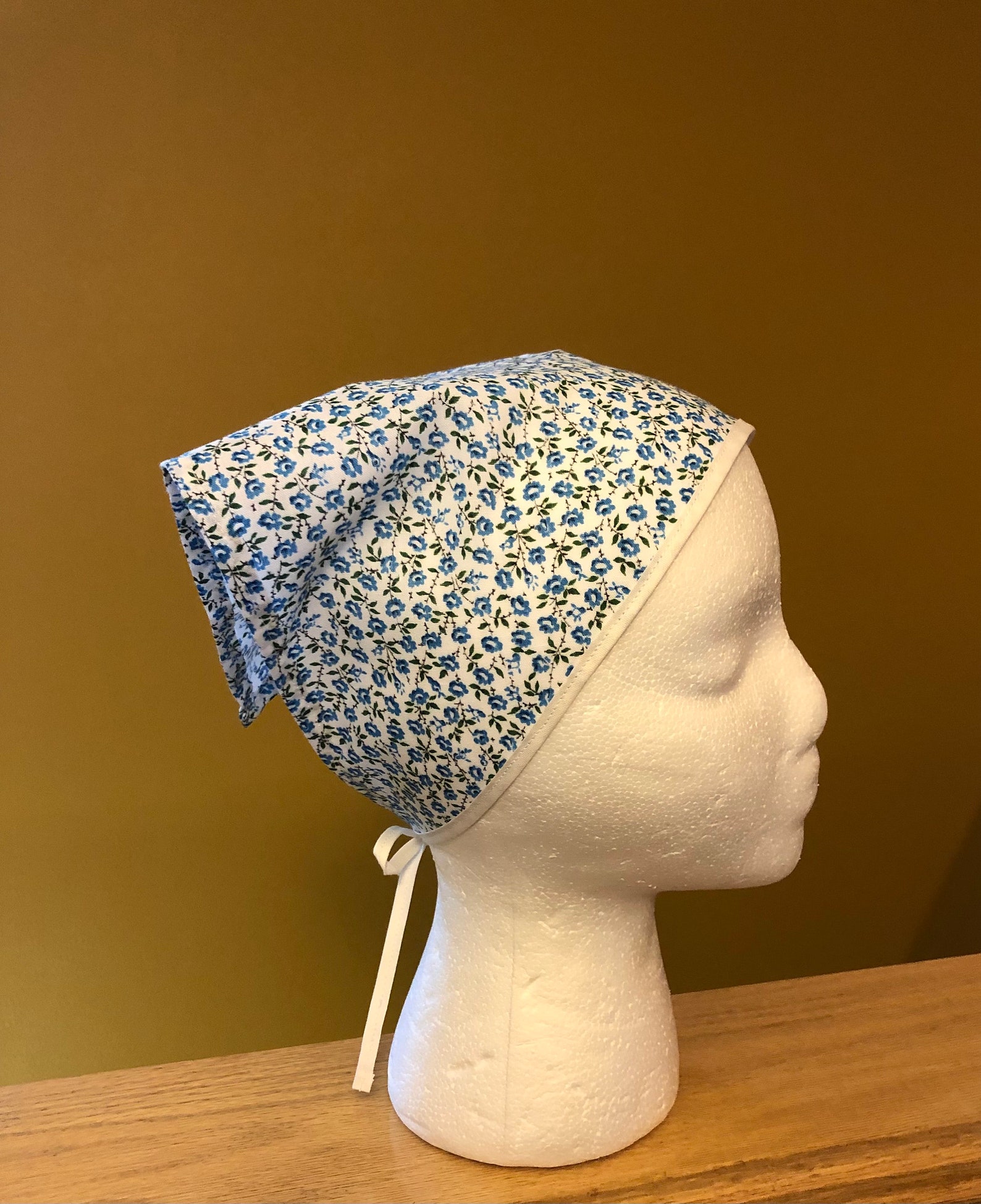 Head Kerchief with Ties Pretty Blue Floral on White | Etsy