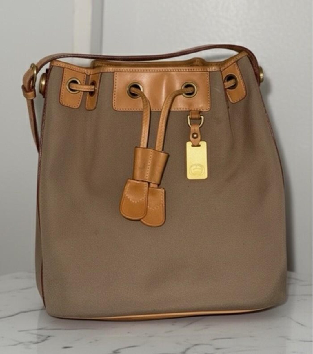 Dooney & Bourke Drawstring Bucket Bag – Beige Canvas, Brown Leather ...