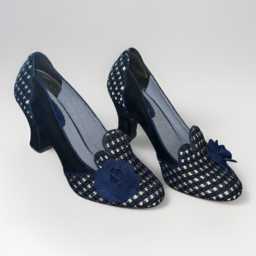 Ruby Shoo Pumps Blue and White - Tweed & Velvet With Beautiful Flower ...