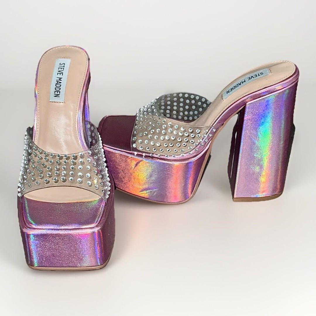 Steve Madden Ruby Pink Iridescent Platform Sandal- Dancing Ultra High ...