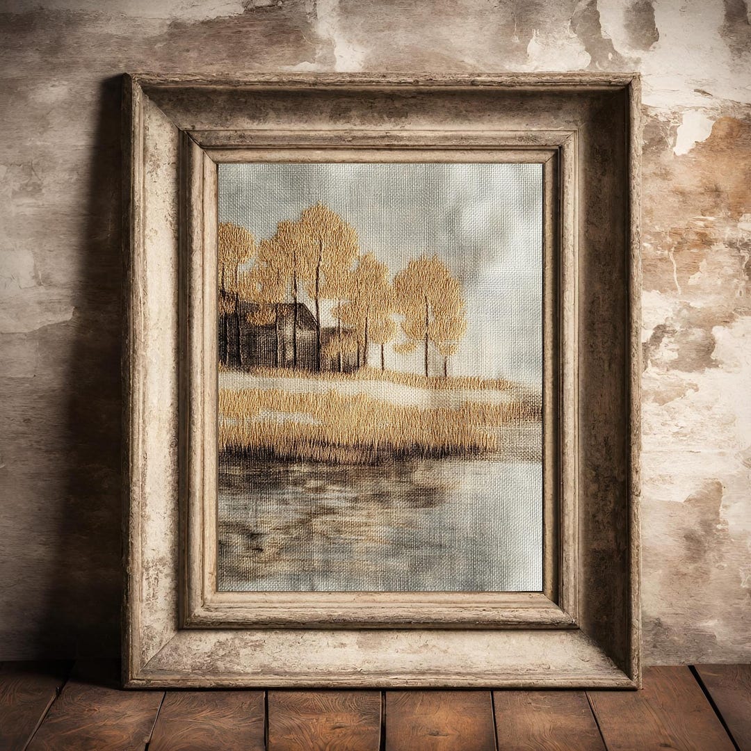 Vintage Golden Tapestry Art Print: European Country Landscape Textile ...