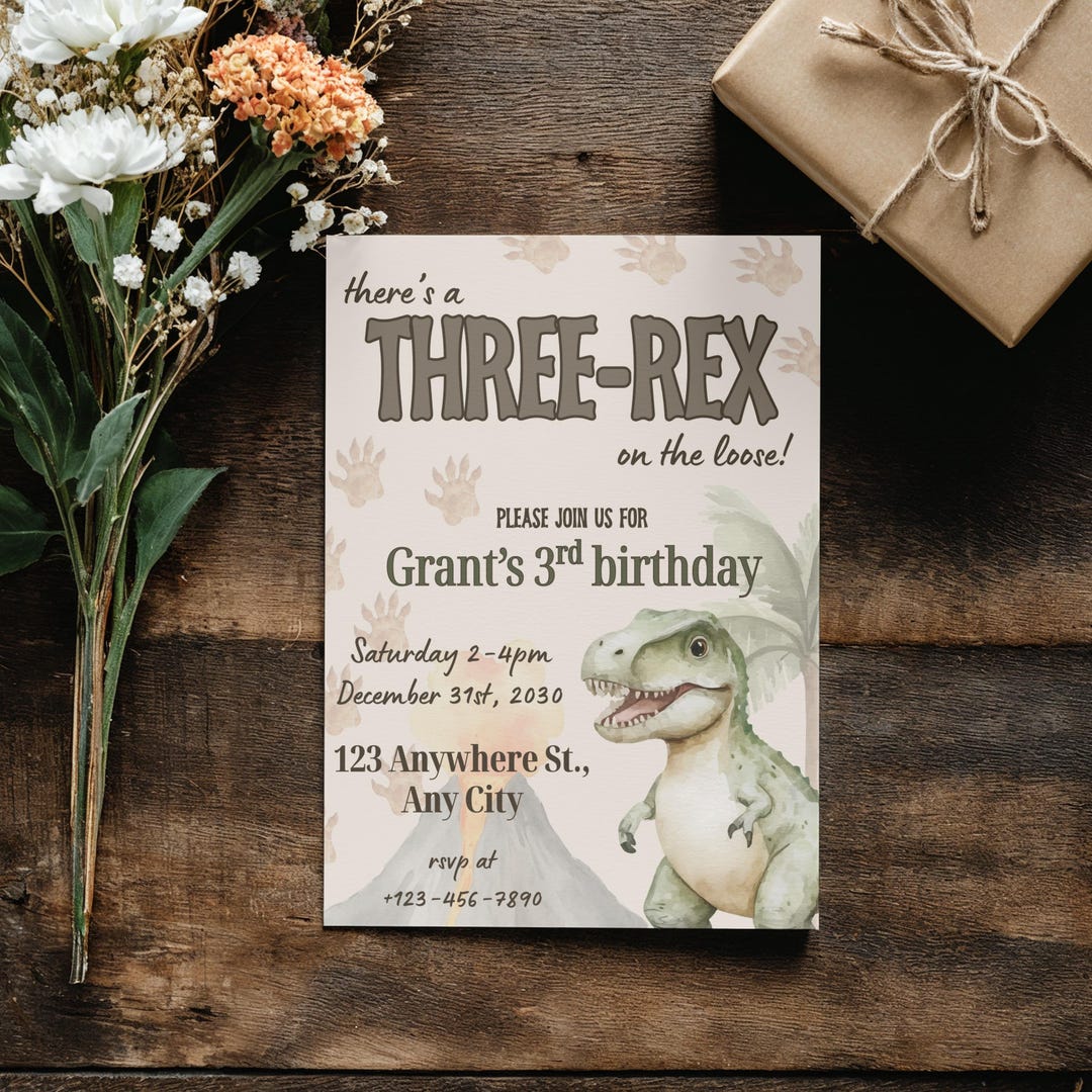 Three-rex on the Loose 3rd Birthday Invitation Template | Dinosaur 3rd ...