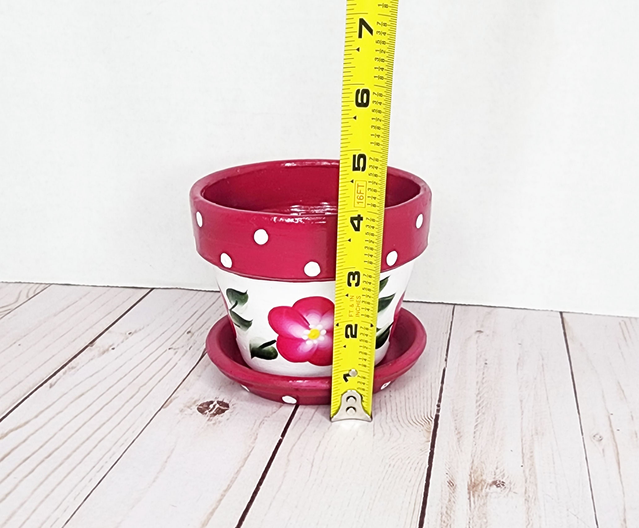 Hand Painted Flower Pot, Pink Flowers and Polka Dots, Floral Flower Pot ...