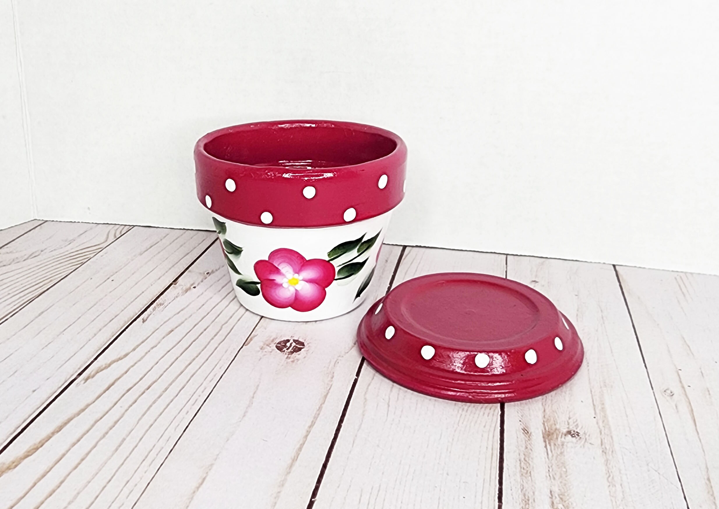 Hand Painted Flower Pot, Pink Flowers and Polka Dots, Floral Flower Pot ...