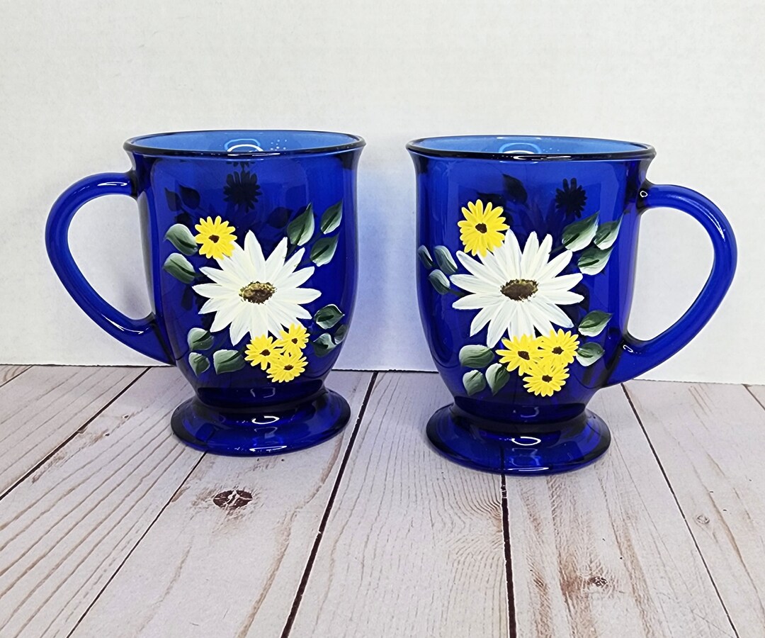 Hand Painted Cobalt Blue Coffee Mugs With Daisies Flowers Set of Two - Etsy