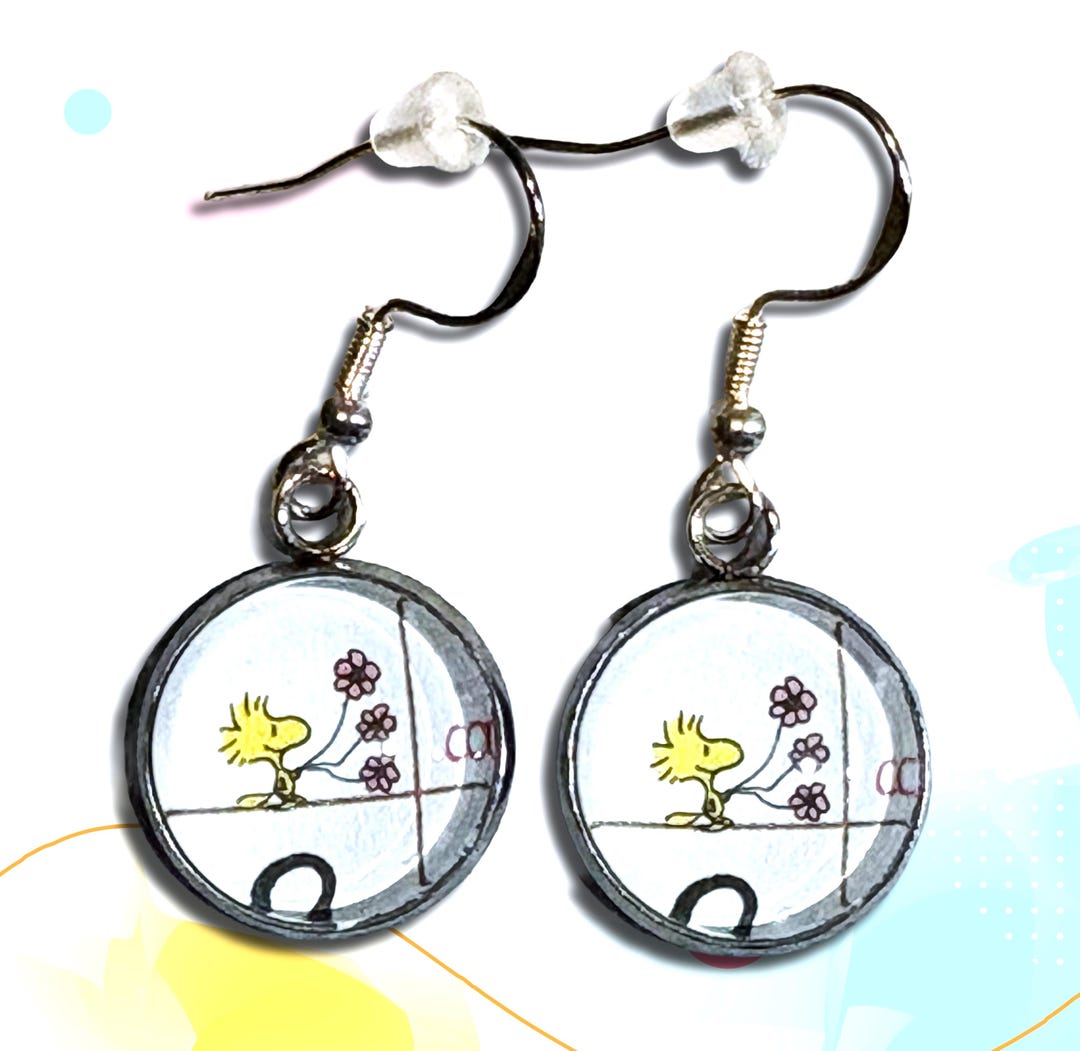 Peanuts Comics Dangle Drop Earrings. Woodstock With Pink Flowers Charms ...