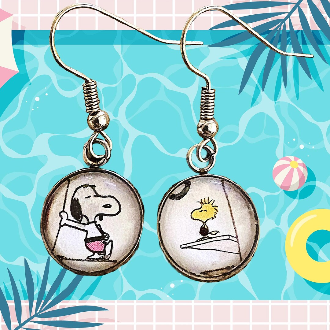 Peanuts Comics Dangle Drop Earrings. Snoopy and Woodstock Pool Charms ...
