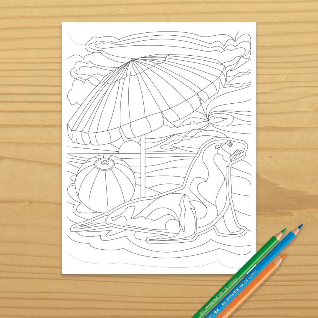 Printable SEA LION COLORING Page - Beach, Ball, Umbrella, Digital ...