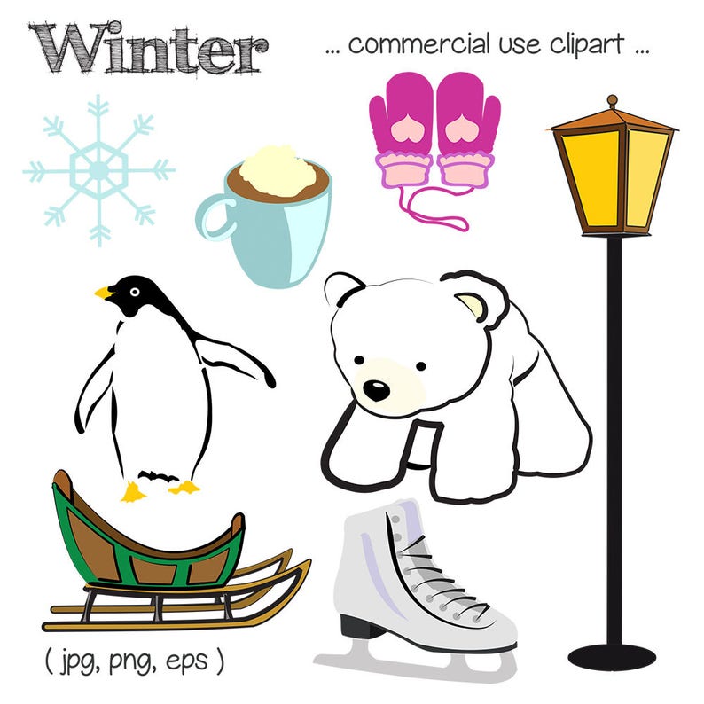 Printable WINTER CLIP ART - Polar Bear, Snowflake, Cocoa, Lamp Post ...