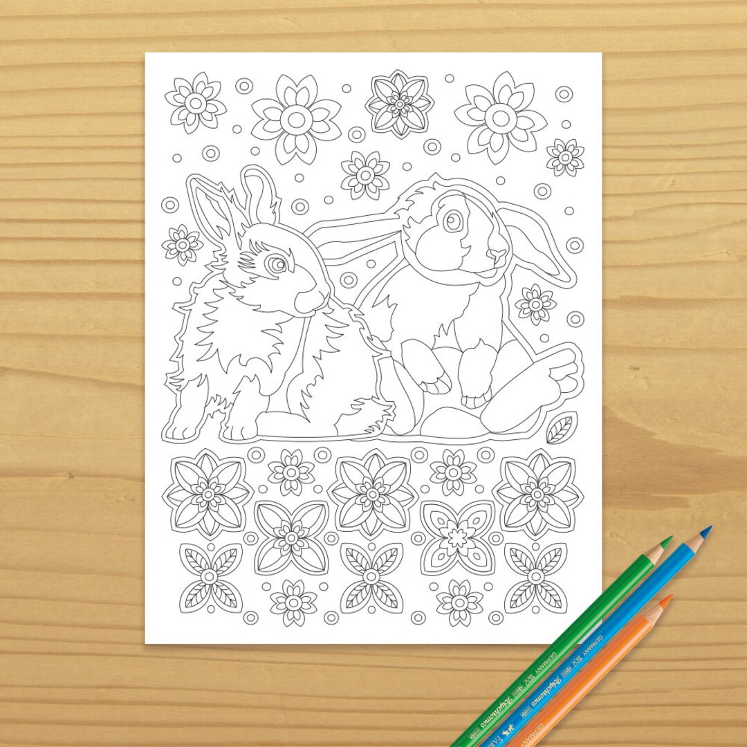 Printable RABBIT COLORING PAGE - Two Bunnies, Digital Download ...