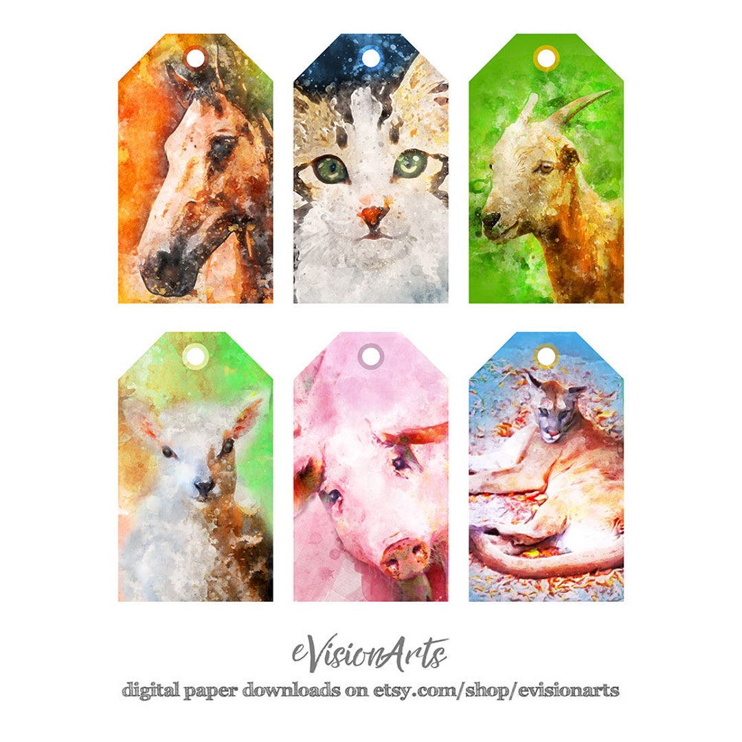 Printable ANIMAL GIFT TAGS - Watercolor, Cat, Horse, Goat, Pig, Digital ...