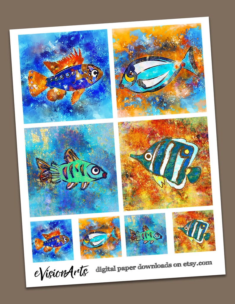 Printable FISH CRAFT PAPER - Collage Sheet, Scrapbook, Watercolor ...