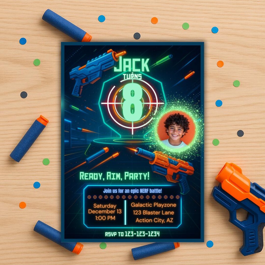 Nerf Dart Gun Birthday Invitation With Photo | Printable Boys Party ...