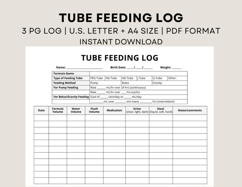 Printable Tube Feeding Log: Health & Hydration Tracker (digital ...