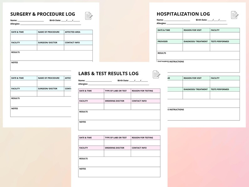 Printable Medical History Tracker Bundle, Caregiver Log, Medical ...