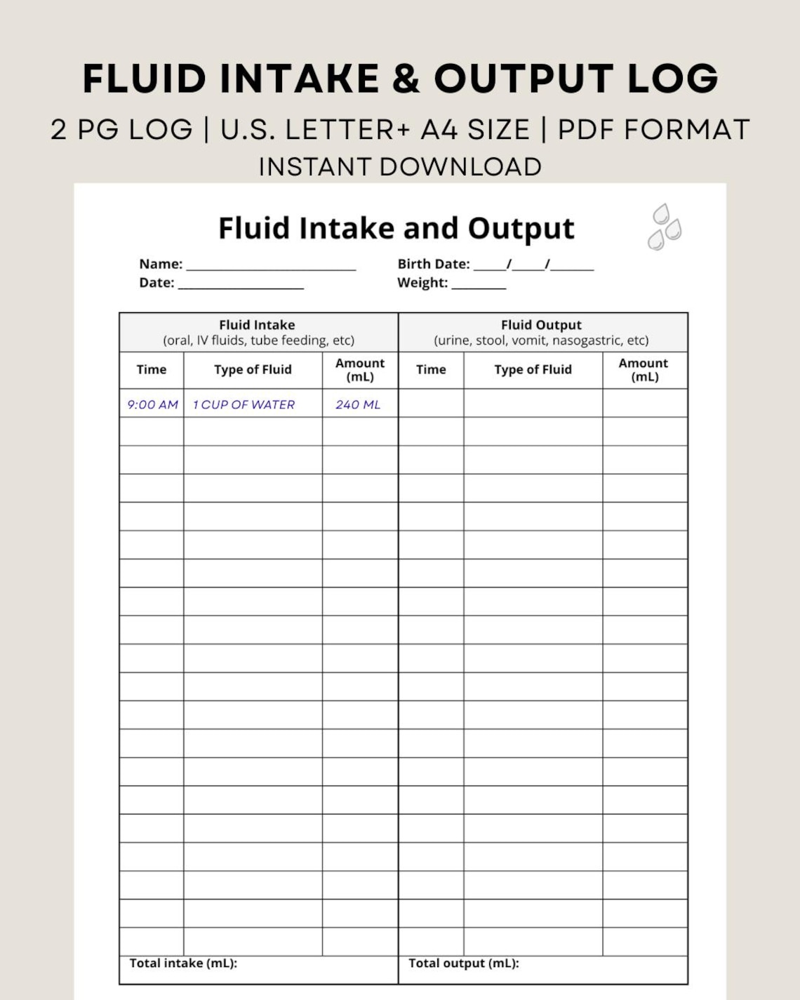 Printable Fluid Intake and Output Log, Intake and Output Record, Fluid ...