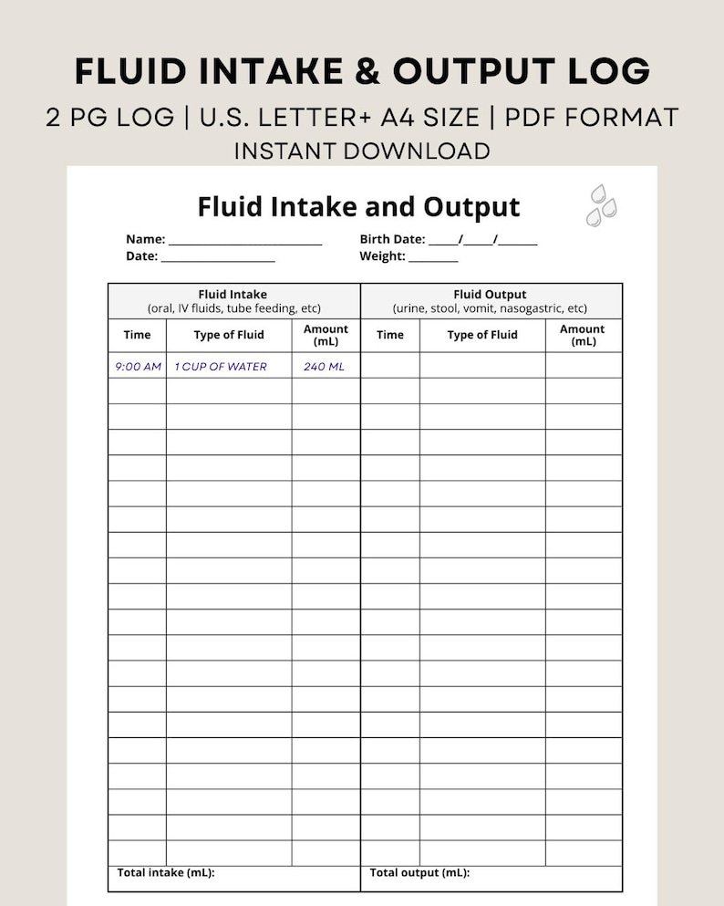 Printable Fluid Intake and Output Log, Intake and Output Record, Fluid ...