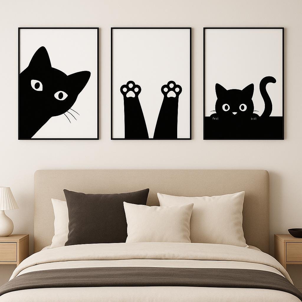 Minimalist Cat Art Prints: Peeking Cat Trio, Modern Pet Decor (digital ...