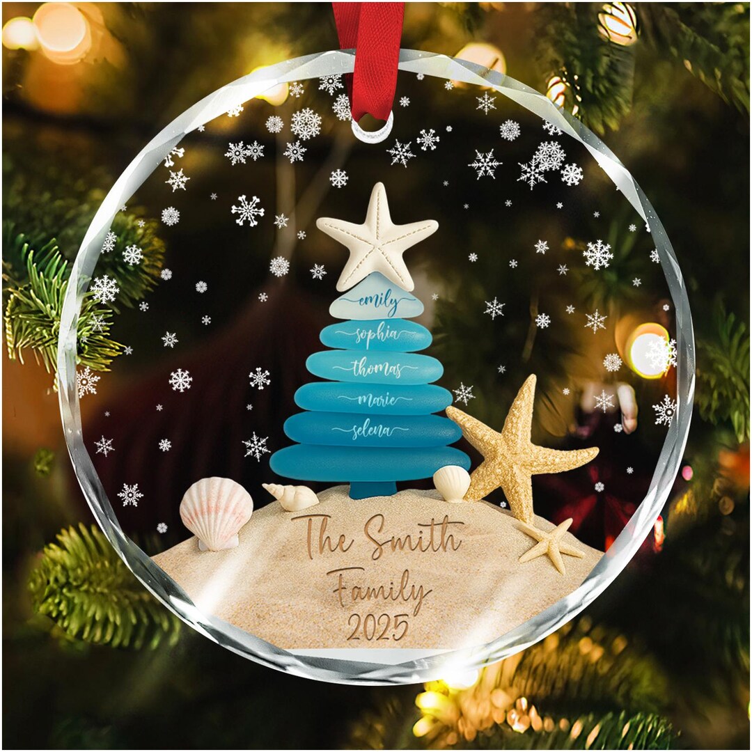 Personalized Sea Glass Family Tree Ornament 2025, Custom Names Holiday ...