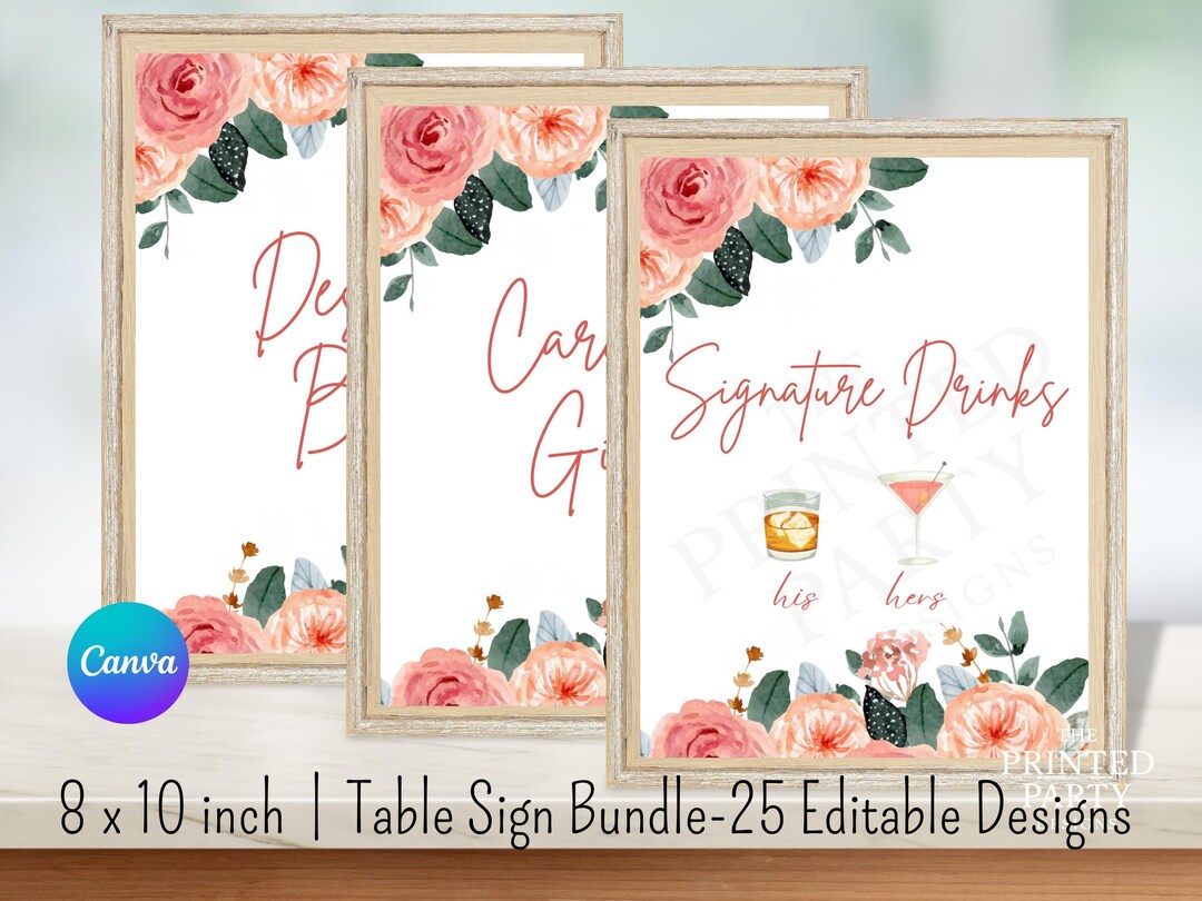 Blush Pink and Orange Rose Wedding Table Sign Bundle, Editable Template ...