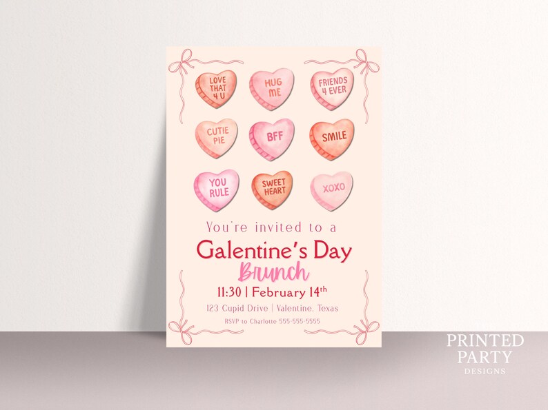 Heart Candy Galentine's Day Brunch Invitation, Pink Valentine's Day ...