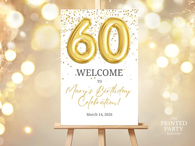 Gold 60th Birthday Balloon Welcome Sign, 24x36, Canva Editable Template ...