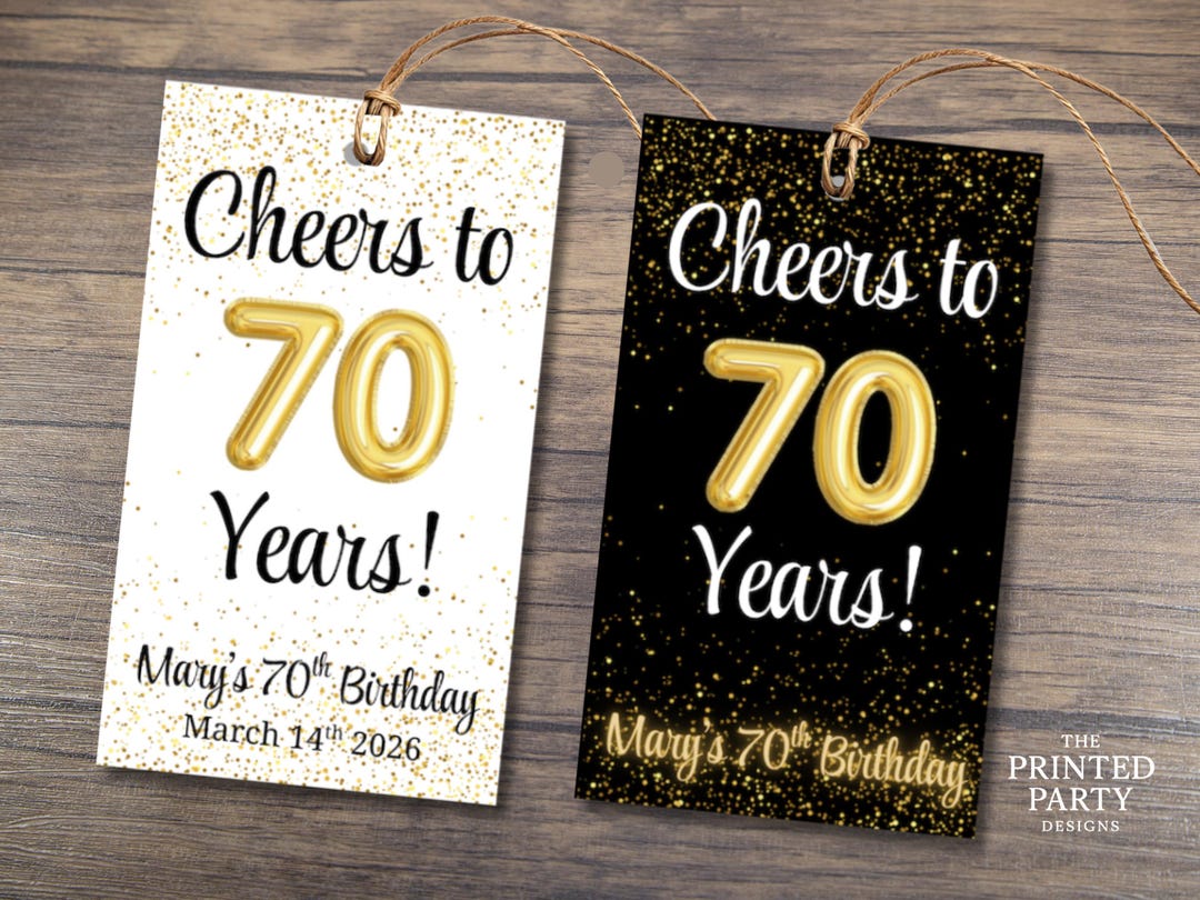 Gold 70th Birthday Balloon Party Favor Tags, Canva Editable Template ...